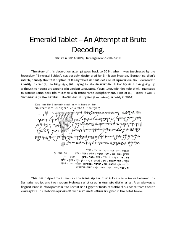 (PDF) Emerald Tablet – An Attempt at Brute Decoding of Aramaic with AI