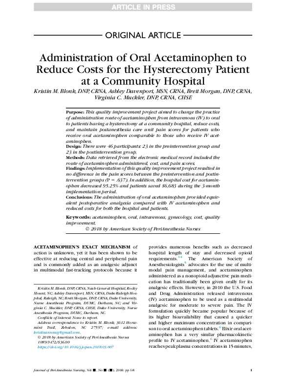(PDF) Administration of Oral Acetaminophen to Reduce Costs for the ...