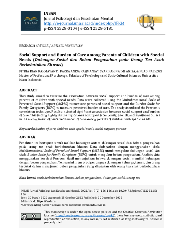 (PDF) Dukungan Sosial dan Beban Pengasuhan pada Orang Tua Anak Berkebutuhan Khusus