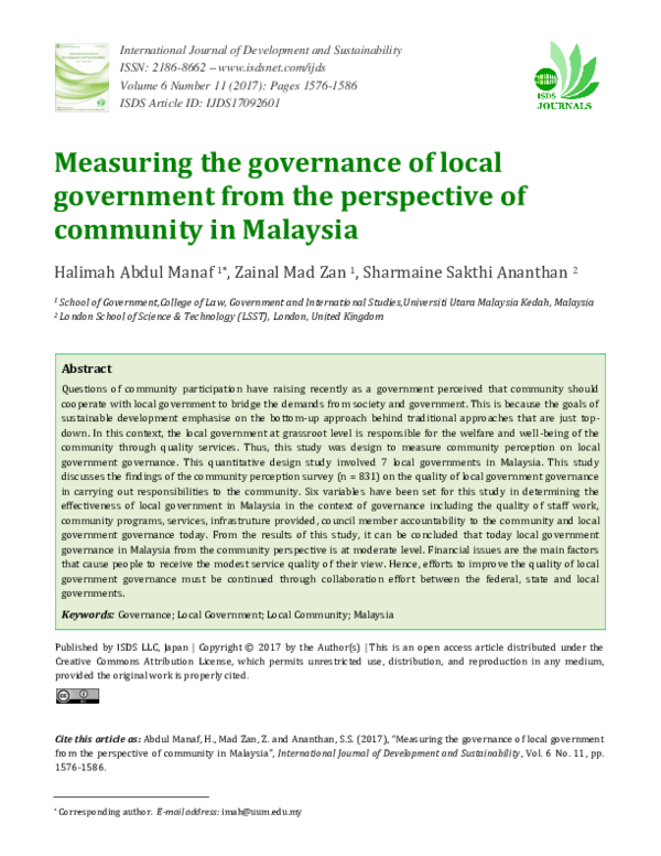 (PDF) Measuring the governance of local government from the perspective ...