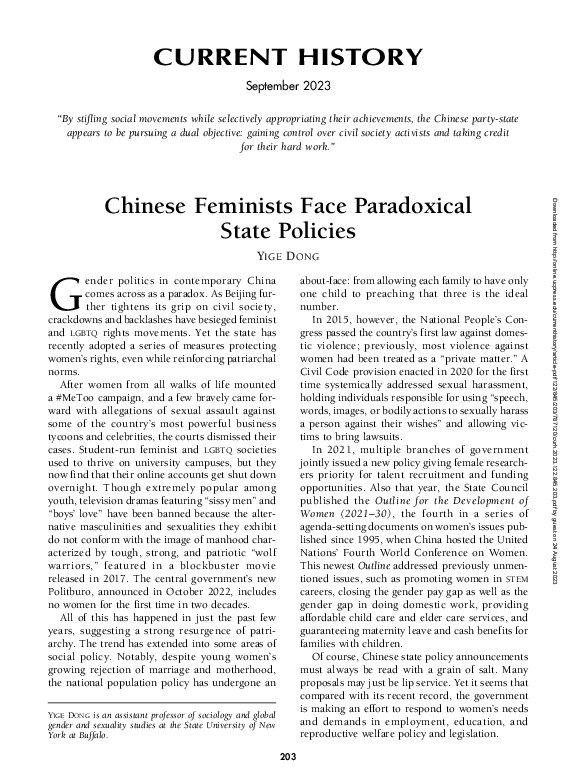 (PDF) Chinese Feminists Face Paradoxical State Policies