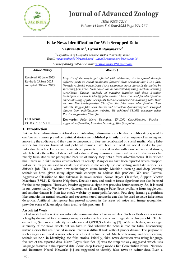 (PDF) Fake News Identification for Web Scrapped Data