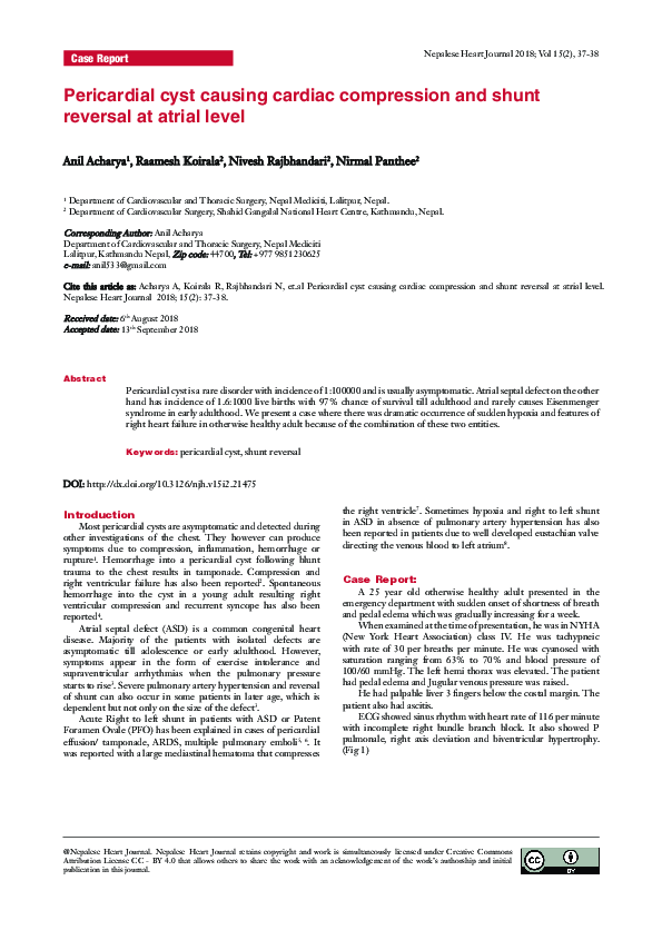 (PDF) Pericardial cyst causing cardiac compression and shunt reversal ...