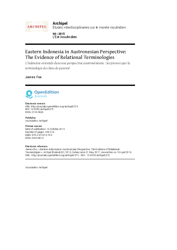 (PDF) Eastern Indonesia in Austronesian Perspective: The Evidence of Relational Terminologies