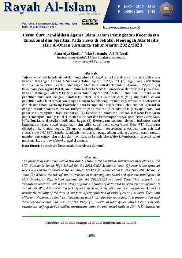 (PDF) Peran Guru Pendidikan Agama Islam Dalam Peningkatan Kecerdasan Emosional dan Spiritual ...