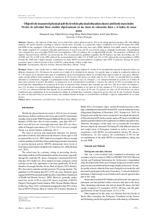 (PDF) Objectively measured physical activity levels in physical education classes and body mass ...