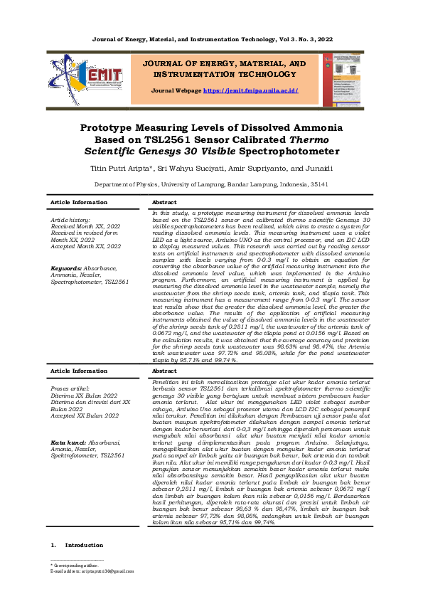 (PDF) Prototype Measuring Levels of Dissolved Ammonia Based on TSL2561 Sensor Calibrated Thermo ...