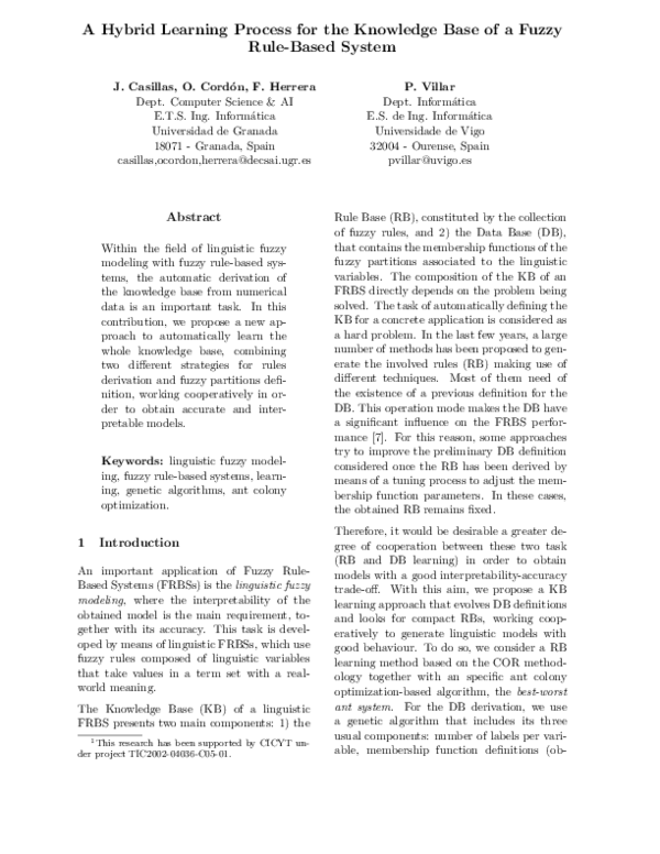 Pdf A Hybrid Learning Process For The Knowledge Base Of A Fuzzy Rule Based System