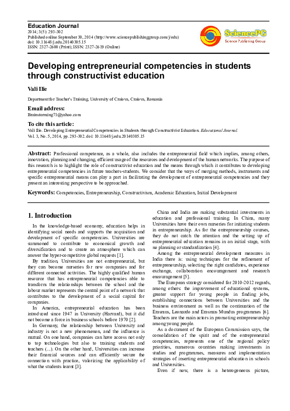 (PDF) Developing entrepreneurial competencies in students through constructivist education