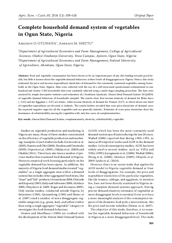 (PDF) Complete household demand system of vegetables in Ogun State, Nigeria