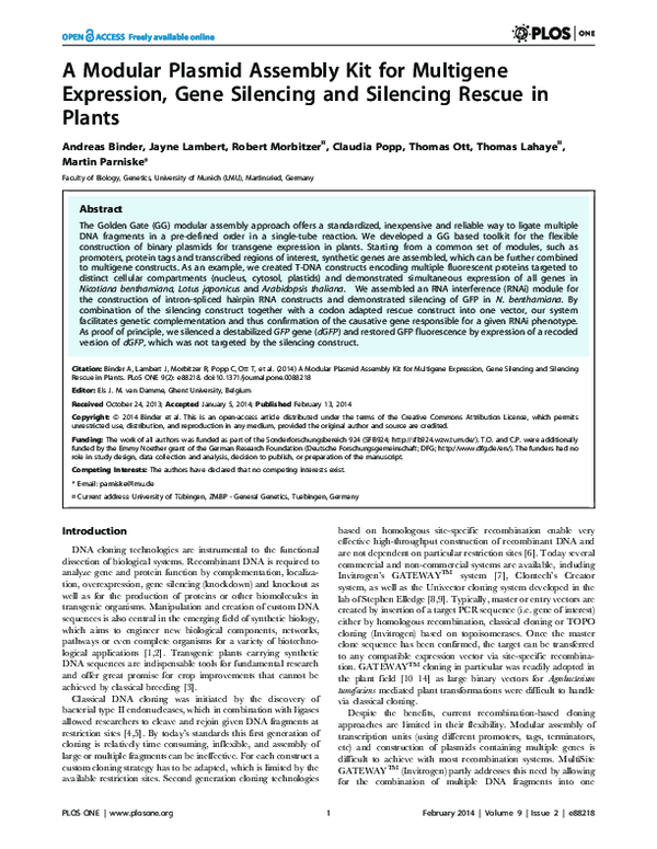 (PDF) A Modular Plasmid Assembly Kit for Multigene Expression, Gene Silencing and Silencing ...