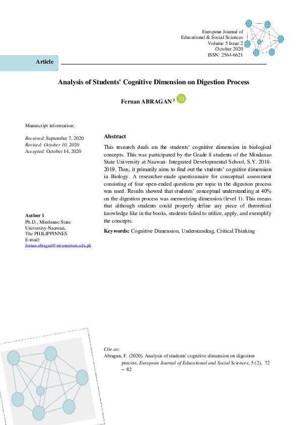 (PDF) Analysis of Students' Cognitive Dimension on Digestion Process