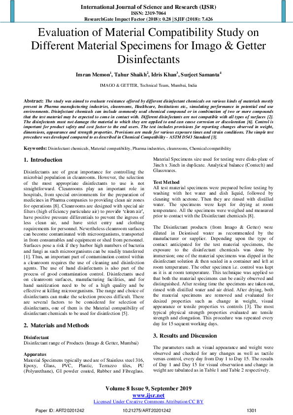 (PDF) Evaluation of Material Compatibility Study on Different Material Specimens for Imago ...