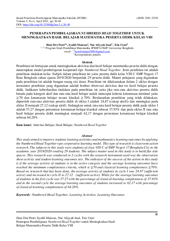 (PDF) Penerapan Pembelajaran Numbered Head Together Untuk Meningkatkan Hasil Belajar Matematika ...
