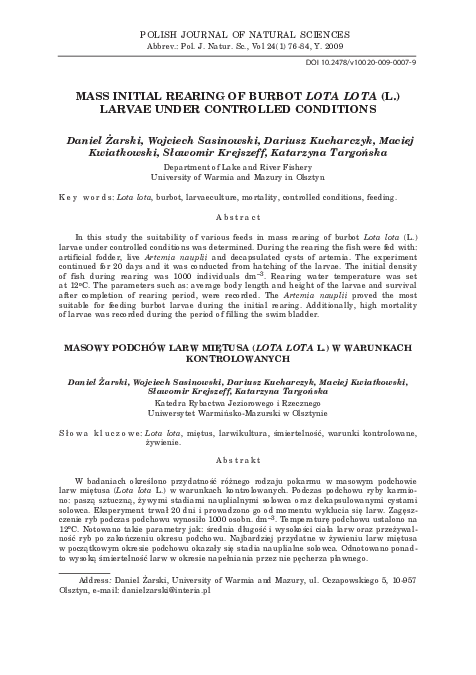 (PDF) Mass Initial Rearing of Burbot Lota Lota (L.) Larvae Under Controlled Conditions