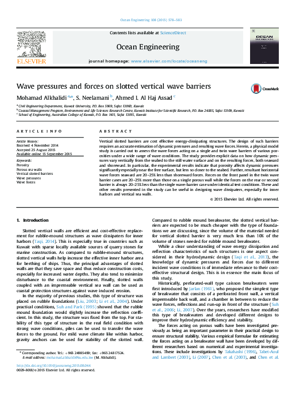 (PDF) Wave pressures and forces on slotted vertical wave barriers
