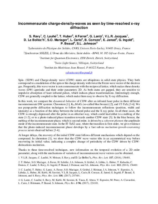 Pdf Incommensurate Charge Density Waves As Seen By Time Resolved X Ray Diffraction Etienne