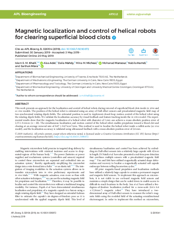 (PDF) Magnetic localization and control of helical robots for clearing superficial blood clots ...