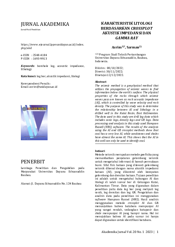 (PDF) Karakteristik Litologi Berdasarkan Crossplot Akustik Impedansi ...