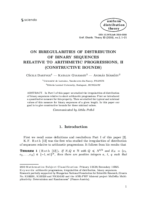 (PDF) On Irregularities of Distribution of Binary Sequences Relative to Arithmetic Progressions ...
