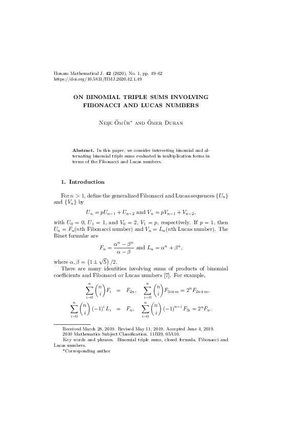 (PDF) On Binomial Triple Sums Involving Fibonacci and Lucas Numbers