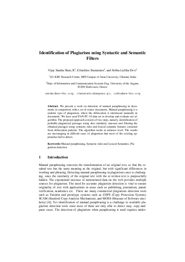 (PDF) Identification of Plagiarism Using Syntactic and Semantic Filters