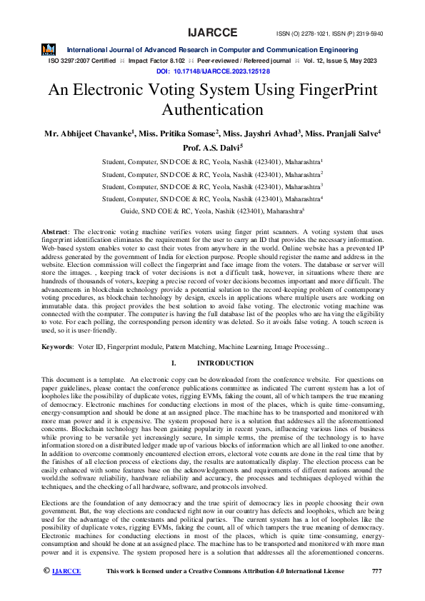 (PDF) An Electronic Voting System Using FingerPrint Authentication