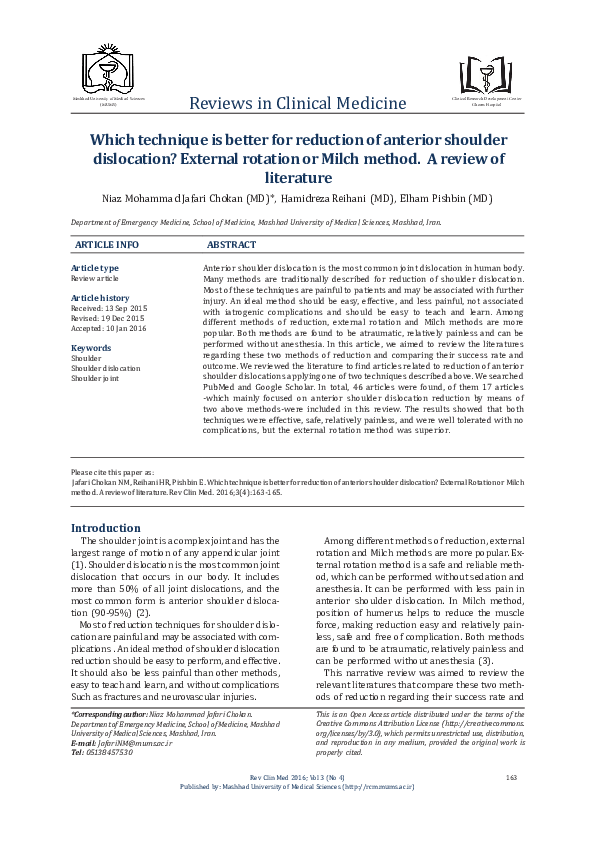 (PDF) Which technique is better for reduction of anterior shoulder ...
