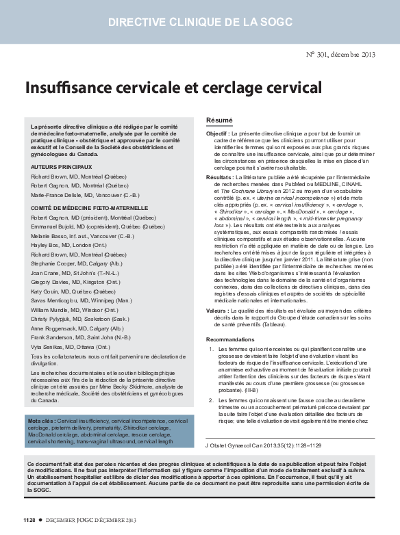 (PDF) Insuffisance cervicale et cerclage cervical | Frank Sanderson ...