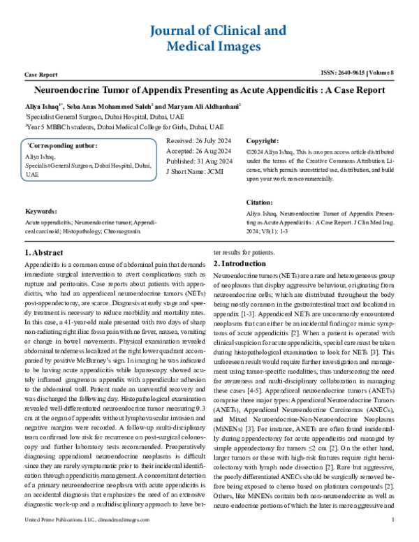 (PDF) Neuroendocrine Tumor of Appendix Presenting as Acute Appendicitis : A Case Report | united ...