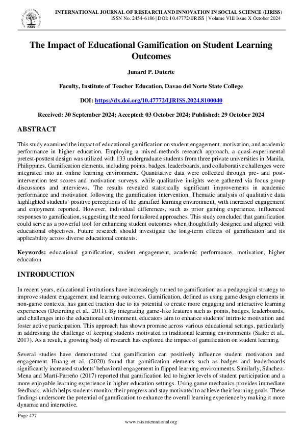 (PDF) The Impact of Educational Gamification on Student Learning Outcomes