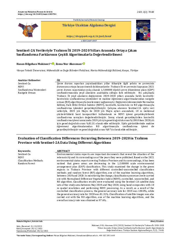 (PDF) Trabzon İli Yeşil Alan Değişiminin Multispektral Uydu Verilerine ...