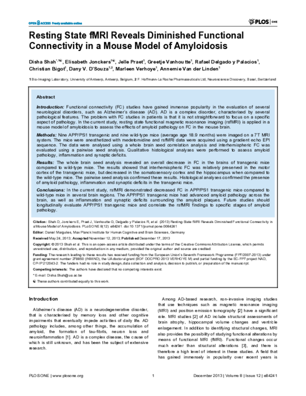 (PDF) Resting State fMRI Reveals Diminished Functional Connectivity in a Mouse Model of ...