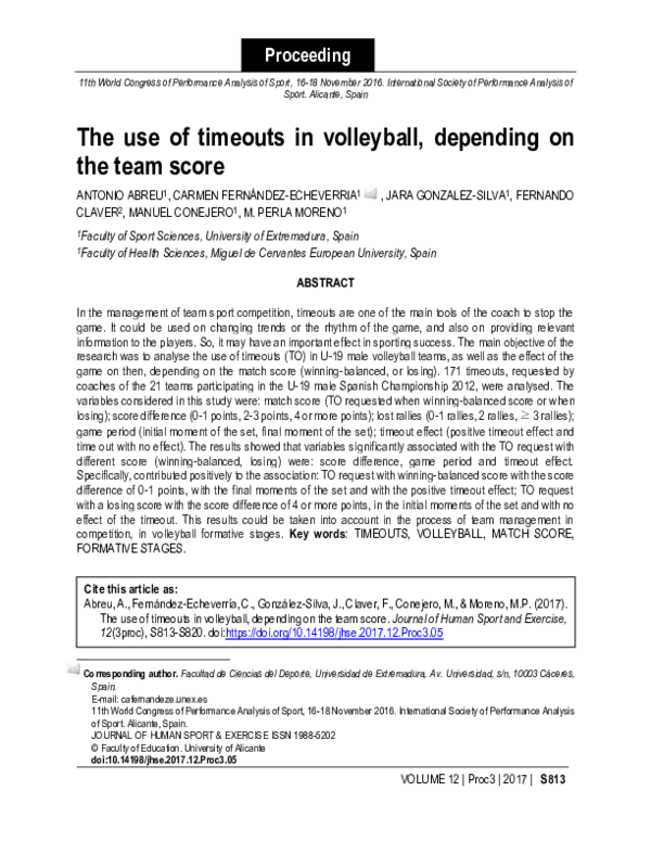 (PDF) The use of timeouts in volleyball, depending on the team score