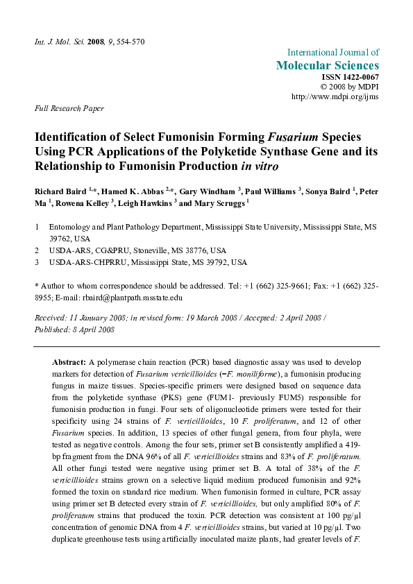 (PDF) Identification of Select Fumonisin Forming Fusarium Species Using PCR Applications of the ...