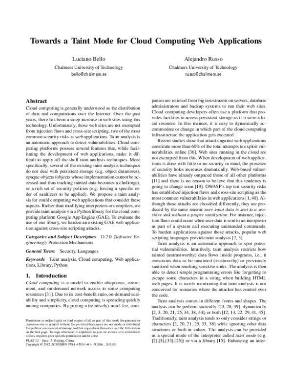 (PDF) Towards a taint mode for cloud computing web applications | Luciano Bello - Academia.edu