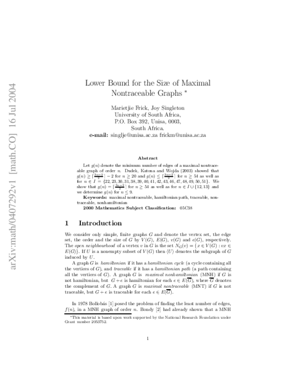 (PDF) Lower bound for the size of maximal nontraceable graphs