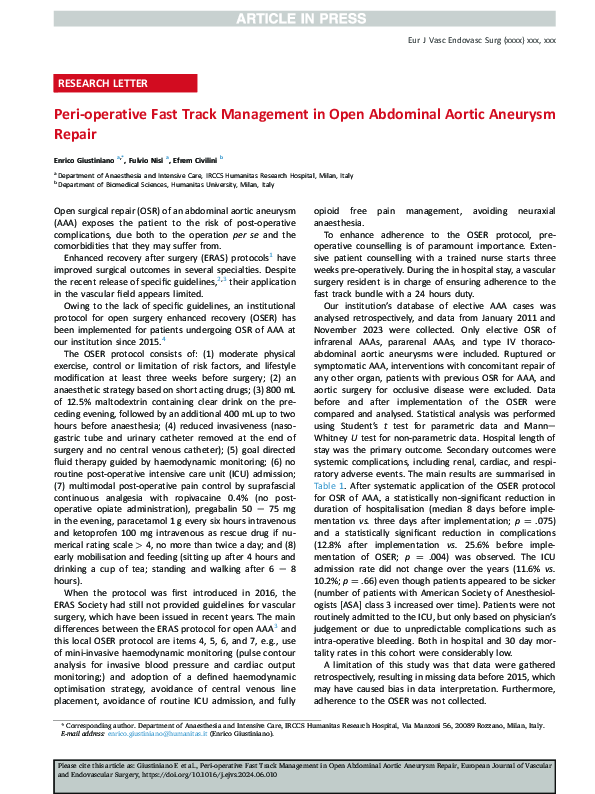 (PDF) Peri-operative Fast Track Management in Open Abdominal Aortic ...