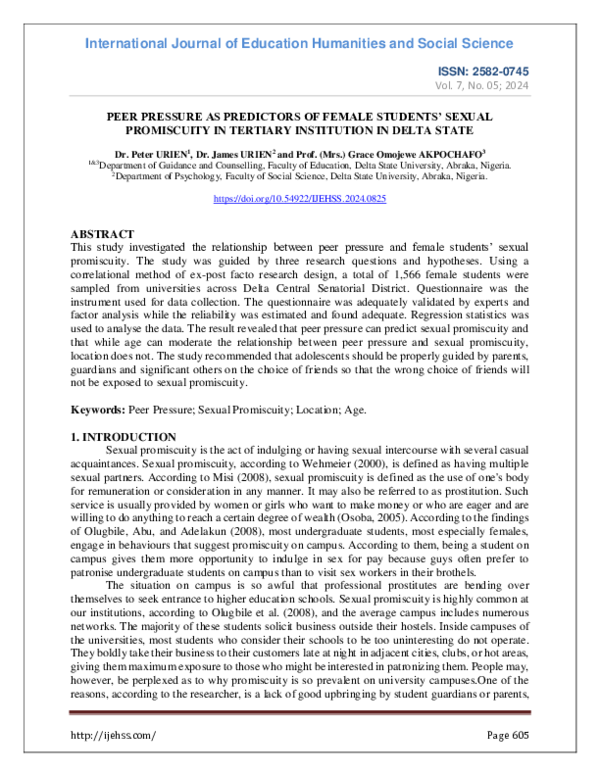 (PDF) PEER PRESSURE AS PREDICTORS OF FEMALE STUDENTS’ SEXUAL ...