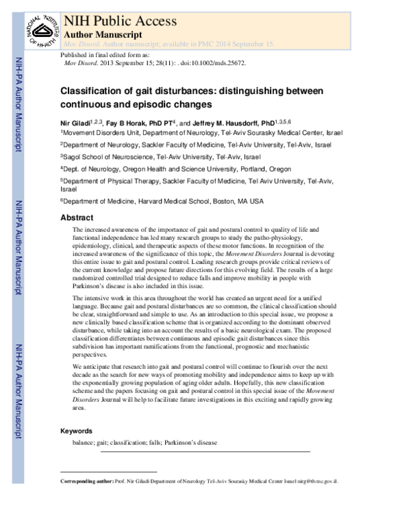 (PDF) Classification of gait disturbances: Distinguishing between continuous and episodic changes