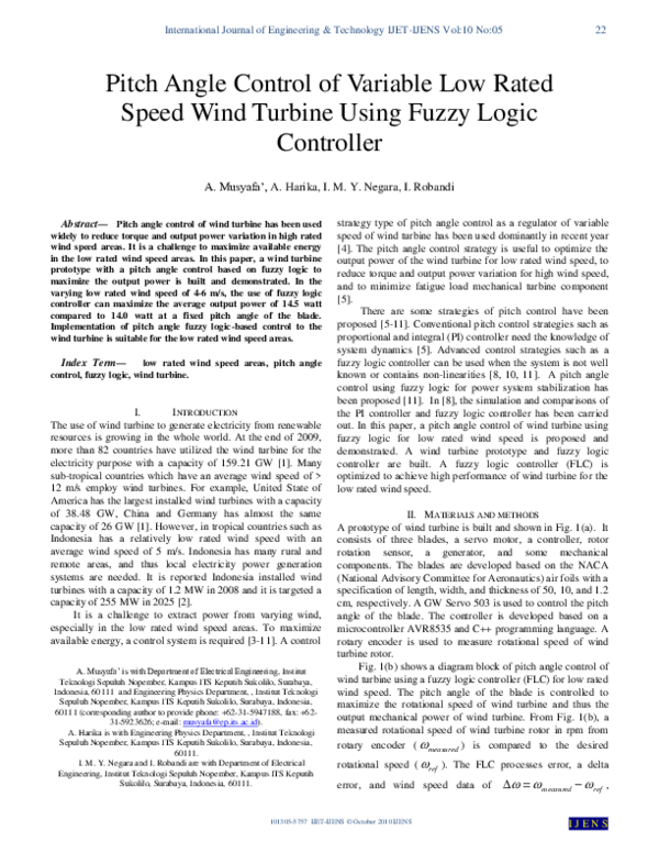 Pdf Pitch Angle Control Of Variable Low Rated Speed Wind Turbine Using Fuzzy Logic Controller
