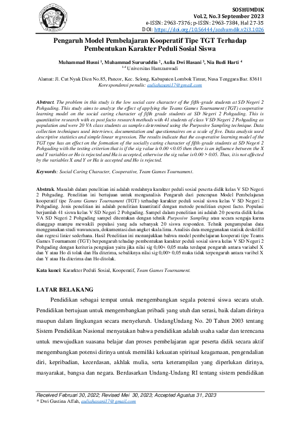 (PDF) Pengaruh Model Pembelajaran Kooperatif Tipe TGT Terhadap Pembentukan Karakter Peduli ...