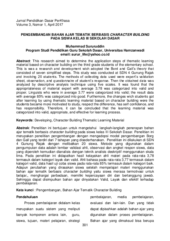 (PDF) Pengembangan Bahan Ajar Tematik Berbasis Character Building pada Siswa Kelas III Sekolah Dasar