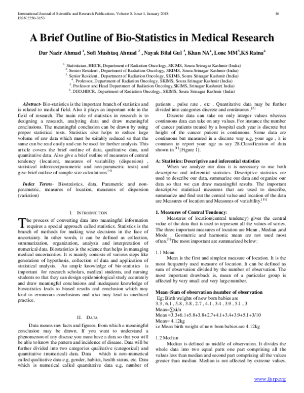 (PDF) A Brief Outline of Bio-Statistics in Medical Research