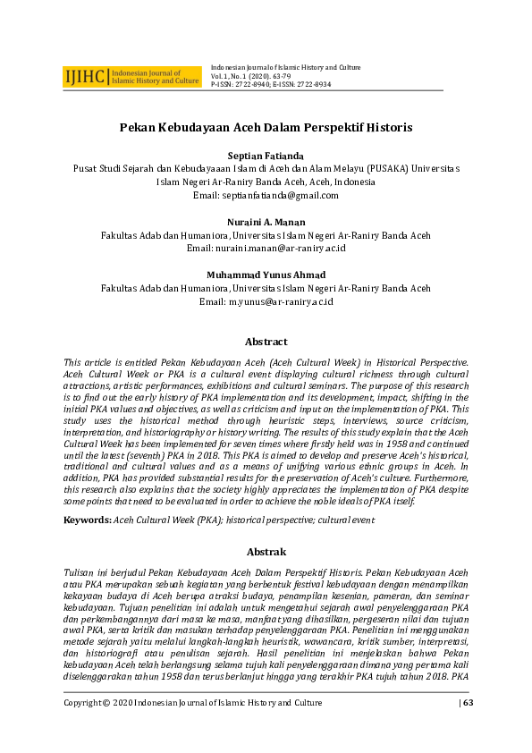 (PDF) Pekan Kebudayaan Aceh Dalam Perspektif Historis