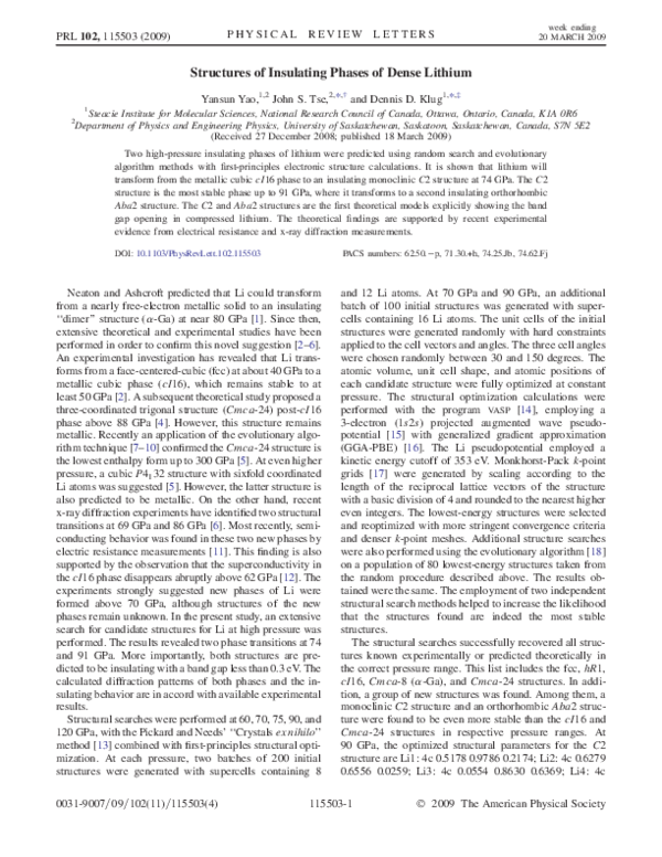 (PDF) Structures of Insulating Phases of Dense Lithium