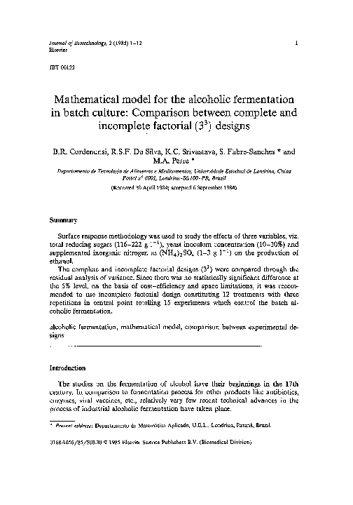 (PDF) Mathematical model for the alcoholic fermentation in batch culture: Comparison between ...