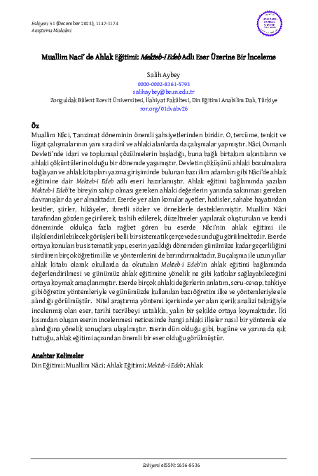 (PDF) Muallim Naci’ de Ahlak Eğitimi: Mekteb-i Edeb Adlı Eser Üzerine ...