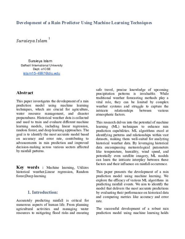 (PDF) Development of a Rain Predictor Using ML