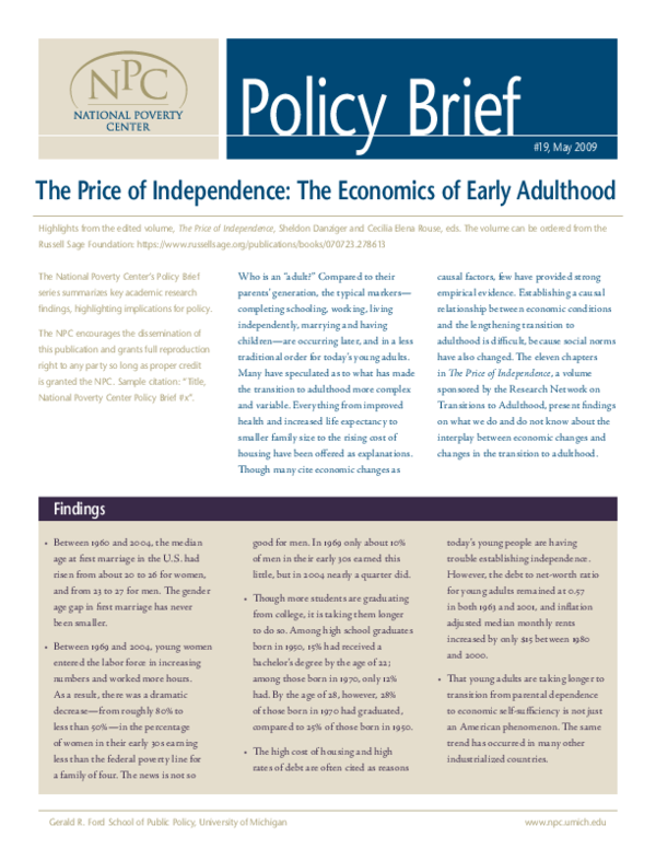 (PDF) The Price of independence: the economics of early adulthood